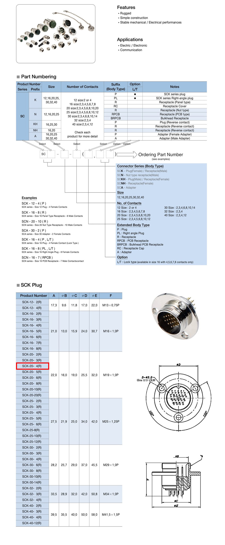 써큘러 커넥터 원형 메탈 항공잭 4핀 20mm SCK-20-4R